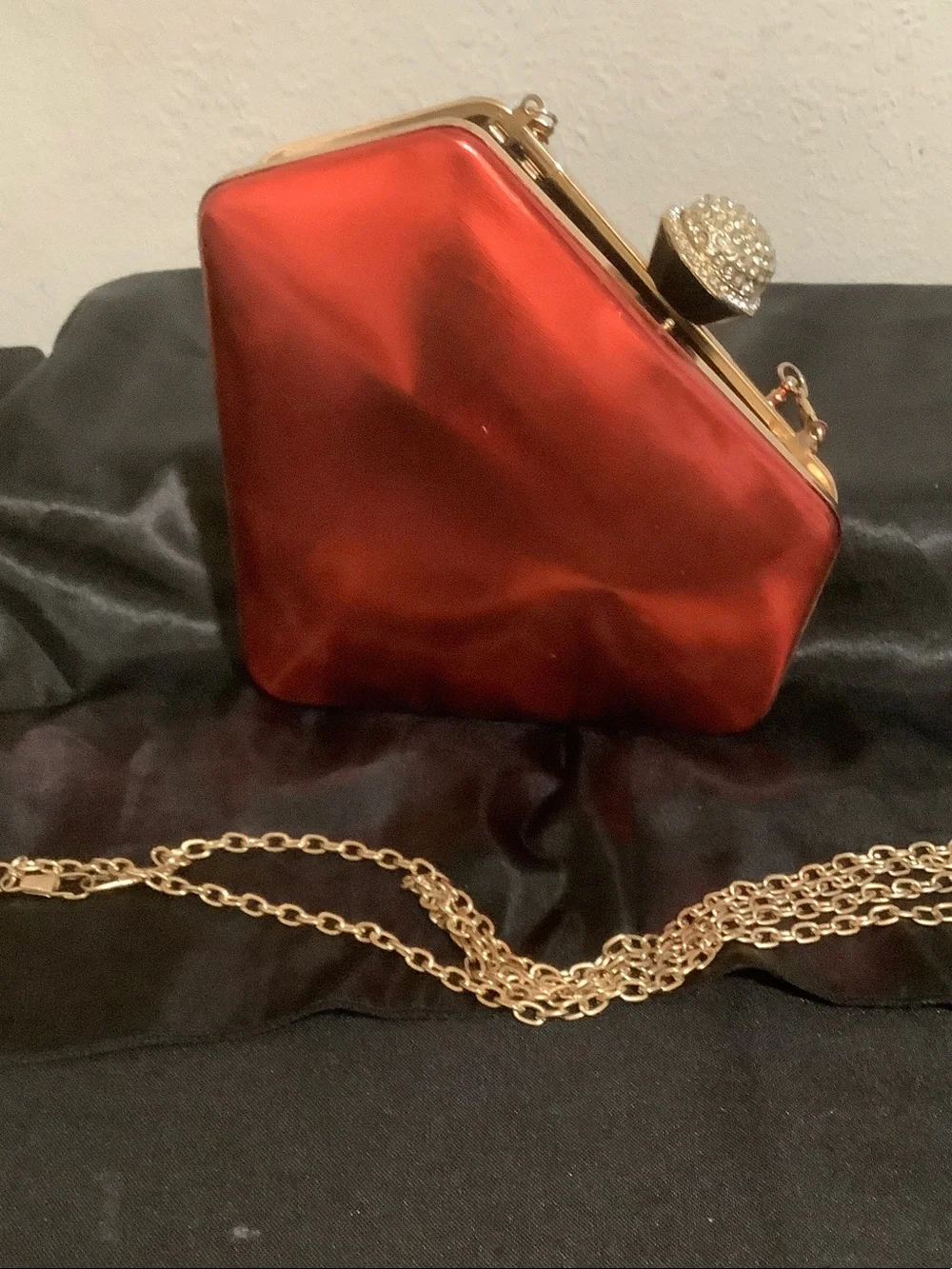 Bags | Red Metallic Evening Clutch Handbag With Gold Chain | Poshmark